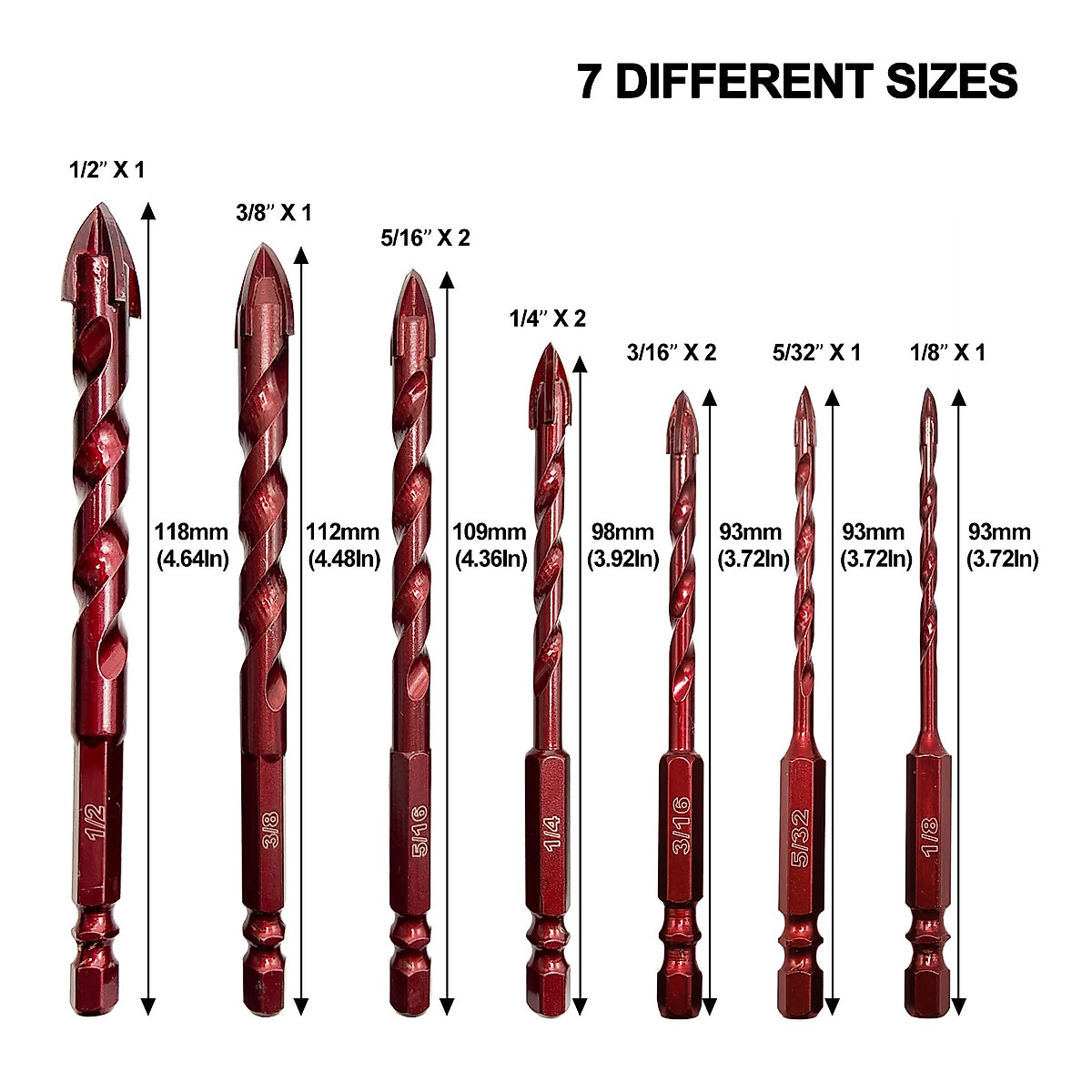 FEWELL Masonry Drill Bits 10 Pcs, Concrete Drill Bit Set Size 1/8" to 1/2", Professional High Cobalt Drill Bit Set for Tile Glass/Metal Brick Concrete Ceramic Plastic Wood