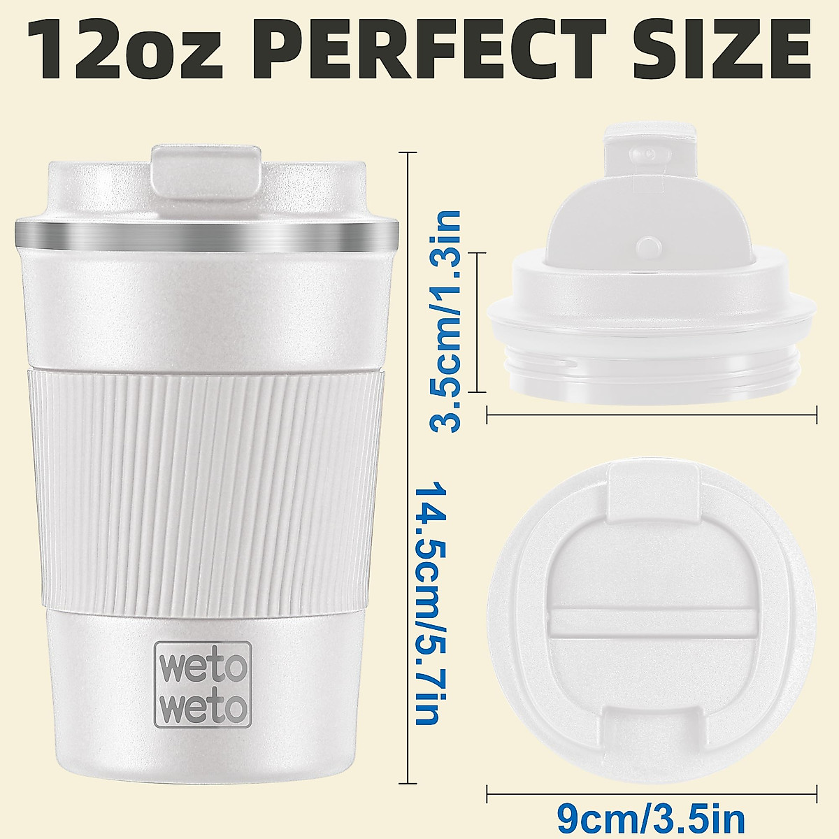 WETOWETO 12oz Travel Mug, Insulated Reusable Coffee Cup with Leak Proof Lid, Stainless Steel Travel Coffee Mug Portable Coffee Mug for Hot and Cold Water Coffee(White)