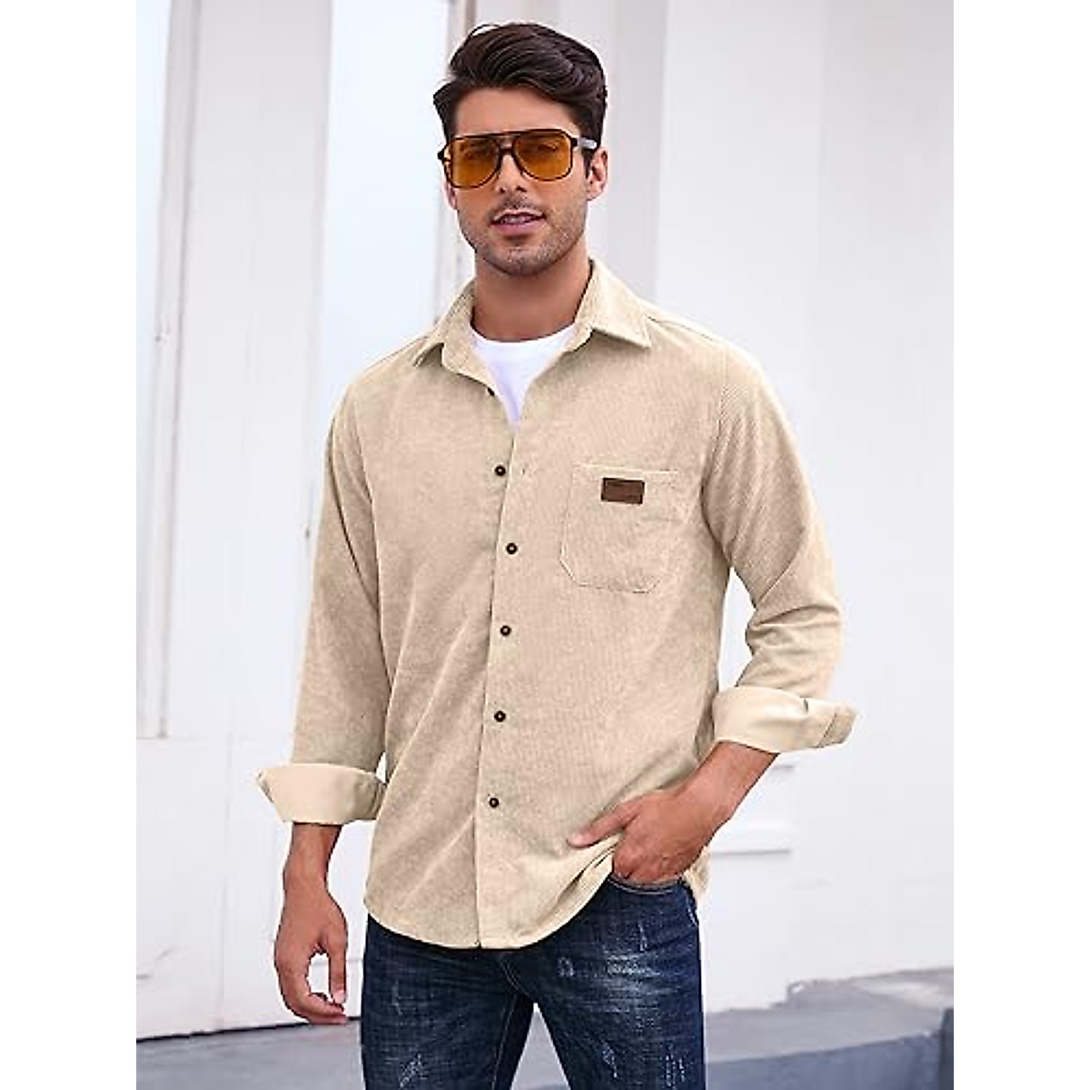 Comdecevis Men's Corduroy Button Down Shirt Casual Shirts Long Sleeve Shacket Jacket with Pocket Khaki Large