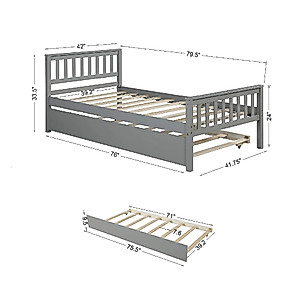 Twin Platform Bed with Trundle, Solid Wood Bed Frame with Headboard, Footboard for Teens Boys Girls,No Box Spring Needed (Grey)