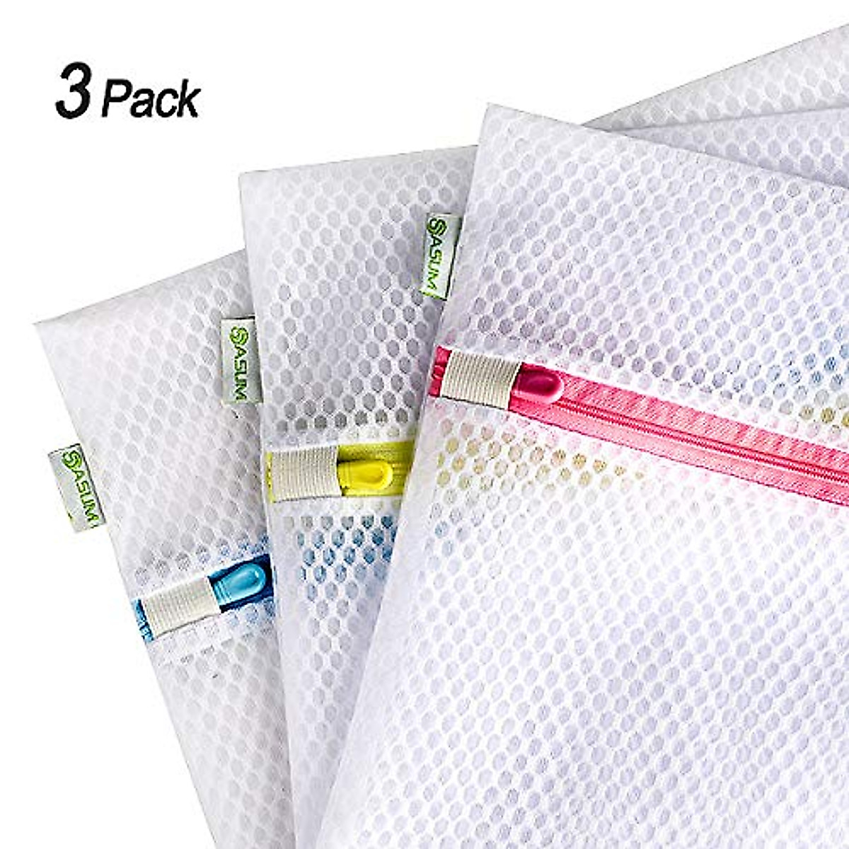 Laundry Bags, SASUM LIFE 3 Pack Zippered Mesh Polyester Wash Bags Premium Durable White for Jeans, Lingerie,Socks,Bra Sweaters, Coats in Washing Machine & Drier (Beehive)
