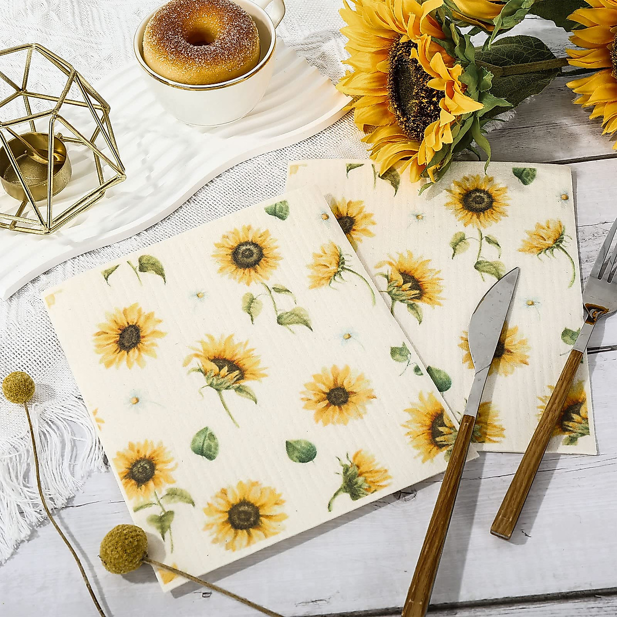 Whaline Sunflower Swedish Kitchen Dishcloth Watercolor Spring Summer Flower Cotton Kitchen Towel Floral Absorbent Dishcloth for Party Home Housewarming Cleaning Counter Wipes, 7 x 8 Inch, 4Pcs