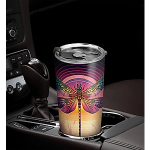 ORCAE 20oz Colorful Hippie Dragonfly Tumbler, Gifts for Dragonfly Lovers, Coffee Thermos for Women, Stainless Steel Double Wall Vacuum Insulated Coffee Mug, Travel Cup with Lid - B
