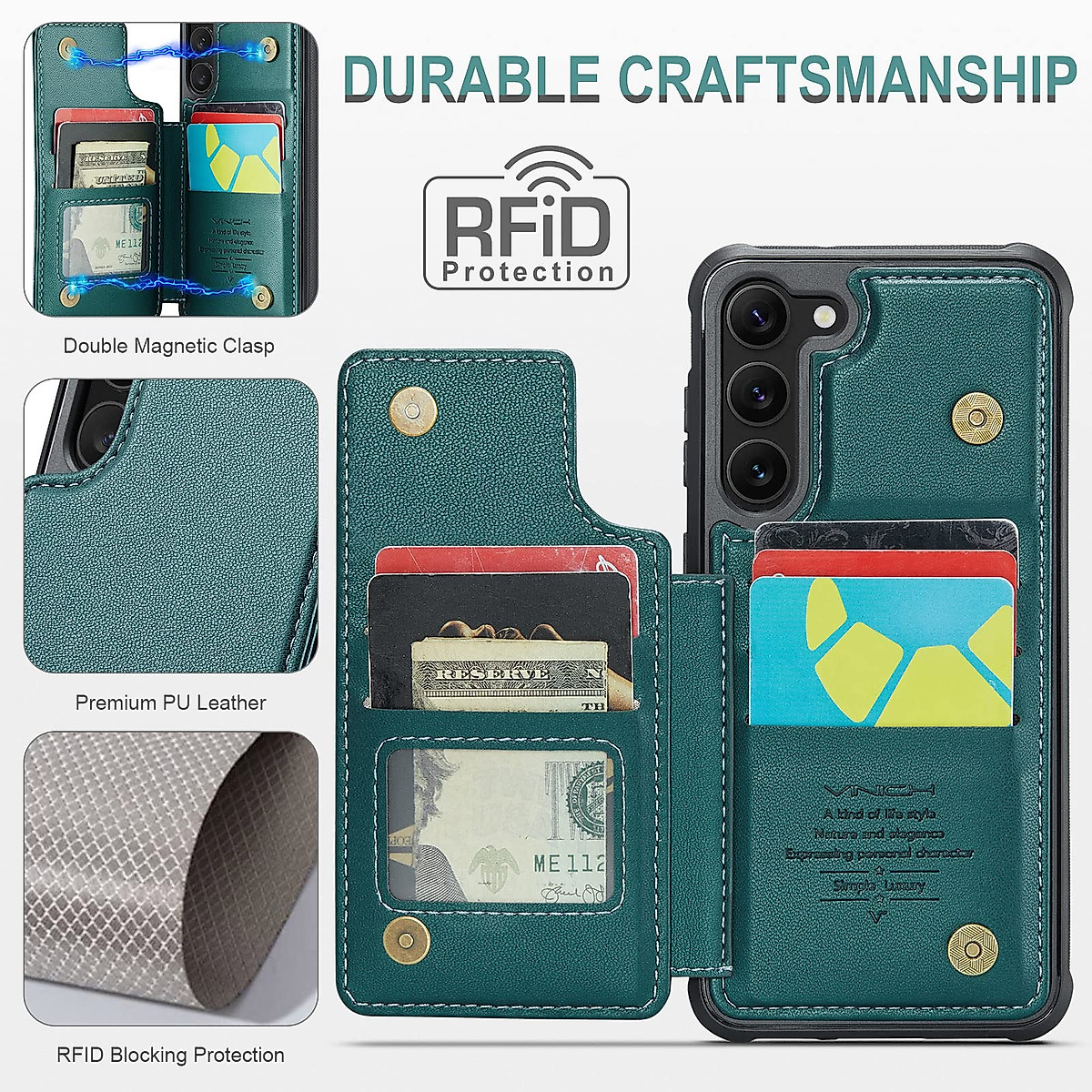 Vinich for Samsung Galaxy S23 Plus Case with Card Holder, for Samsung S23 Plus Wallet Case for Women Men with RFID Blocking, Durable Kickstand Shockproof Case for Galaxy S23 Plus 5G, Bluish Green