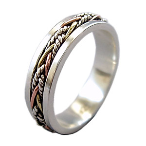 ENERGY STONE Twine 5.5 mm Narrow Band Tri-Color Sterling Silver Meditation Spinner Ring (Style US40) (7)