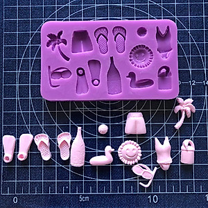 2Pcs/Set Summer Vocation Travel Fondant Molds, Seaside Holiday Silicone Mold for Cake Cupcake Decorating Polymer Clay Mould (Airplane Cruise Liner Camera Coconut Tree Sun Beach Slippers Swimsuit)