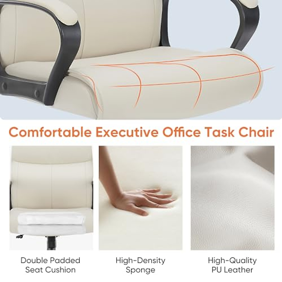 Sweetcrispy Executive Office Chair with Padded Armrests Adjustable Height, 360-Degree Swivel, Lumbar Support, PU Leather, Cream