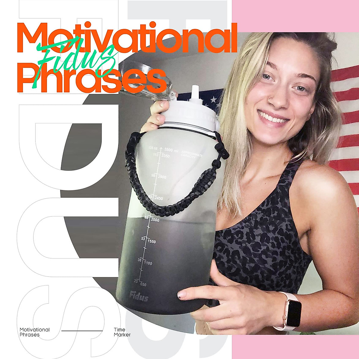 Fidus Large 1 Gallon Motivational Water Bottle with Paracord Handle & Removable Straw - BPA Free Leakproof Water Jug with Time Marker to Ensure You Drink Enough Water Throughout the Day-White/Gray