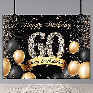 5x4Ft 60th Birthday Backdrops Black Gold Glitter Diamonds Balloons Photography Background Birthday Party Backdrop Decoration Cake Table Banner Photo Booth Props
