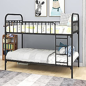 JURMERRY Metal Bunk Bed Twin Over Twin Beds with Sturdy Guard Rail & Ladder, Space-Saving Design/Noise Free/No Box Spring Needed,Black