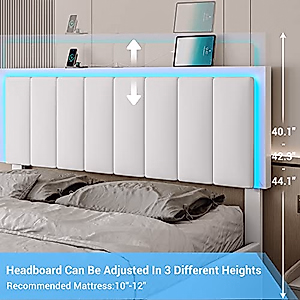 DICTAC Queen Bed Frame with 4 Drawers and USB Ports Modern Upholstered Platform LED Bed Frame with Storage Drawers and LED Lights Headboard,Faux Leather,No Box Spring Needed, Easy Assembly,White