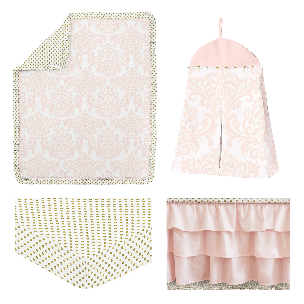 Sweet Jojo Designs Blush Pink White Damask and Gold Polka Dot Amelia Girl Baby Bedding 4 Piece Crib Set