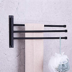 GERZWY Bath Towel Holder Swing Out Towel Bar SUS 304 Stainless Steel Bathroom Hand Towel Rack 3-Bar Folding Arm Swivel Hanger Wall Mount Matte Black HYG03-BK
