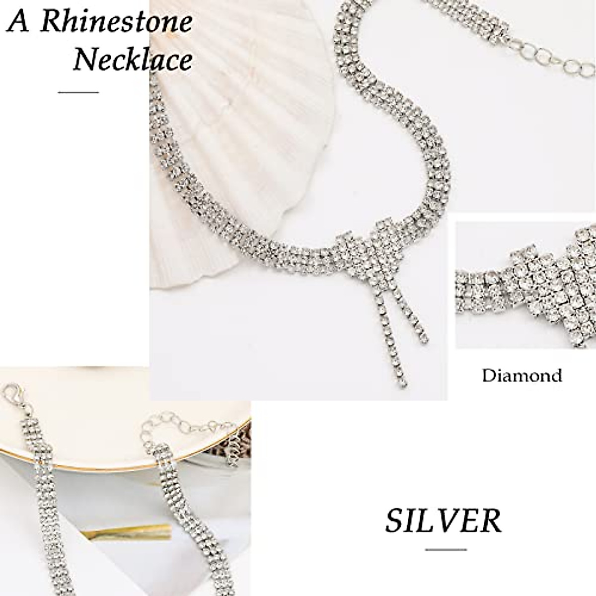 Kiszu Rhinestone Choker Necklace Silver Diamond Heart Pendant Necklaces Sparkly Dainty Crystal Cubic Zirconia Necklace Chain Jewerly Fashion Party Prom Wedding Accessories for Women and Girls