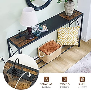 Tajsoon 55.1 Inch Console Table with Charging Station, Industrial entryway Table, Narrow Sofa Table with Shelves, Entrance Table for Entryway, Hallway, Living Room, Foyer, Office, Rustic Brown & Black