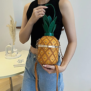 OXYPLAY 3D Pineapple Bucket Purse for Women,Trendy Chain Messenger Crossbody Bag with Rivet， Tropical Hawaiian Party Shoulder Handbag (Yellow)