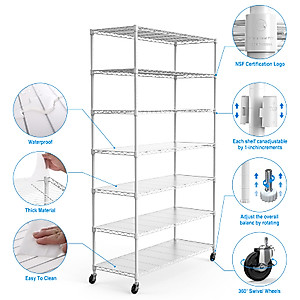 Heavy-Duty Wire Shelving Unit - 7-Tier, 2450lbs Capacity, NSF Certified, Adjustable Metal Storage Rack with Wheels & Liners, 82"H x 48"L x 18"D - Ideal for Kitchen, Garage, Closet, Basement - White