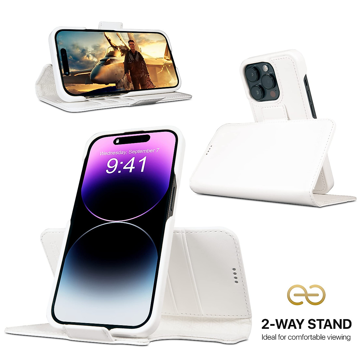 Dreem Fibonacci Wallet Case for iPhone 14 Pro | 2-in-1 Detachable Vegan Leather Cover with Built-in Kick-Stand, RFID Blocking Card Holder, MagSafe Compatible [White]