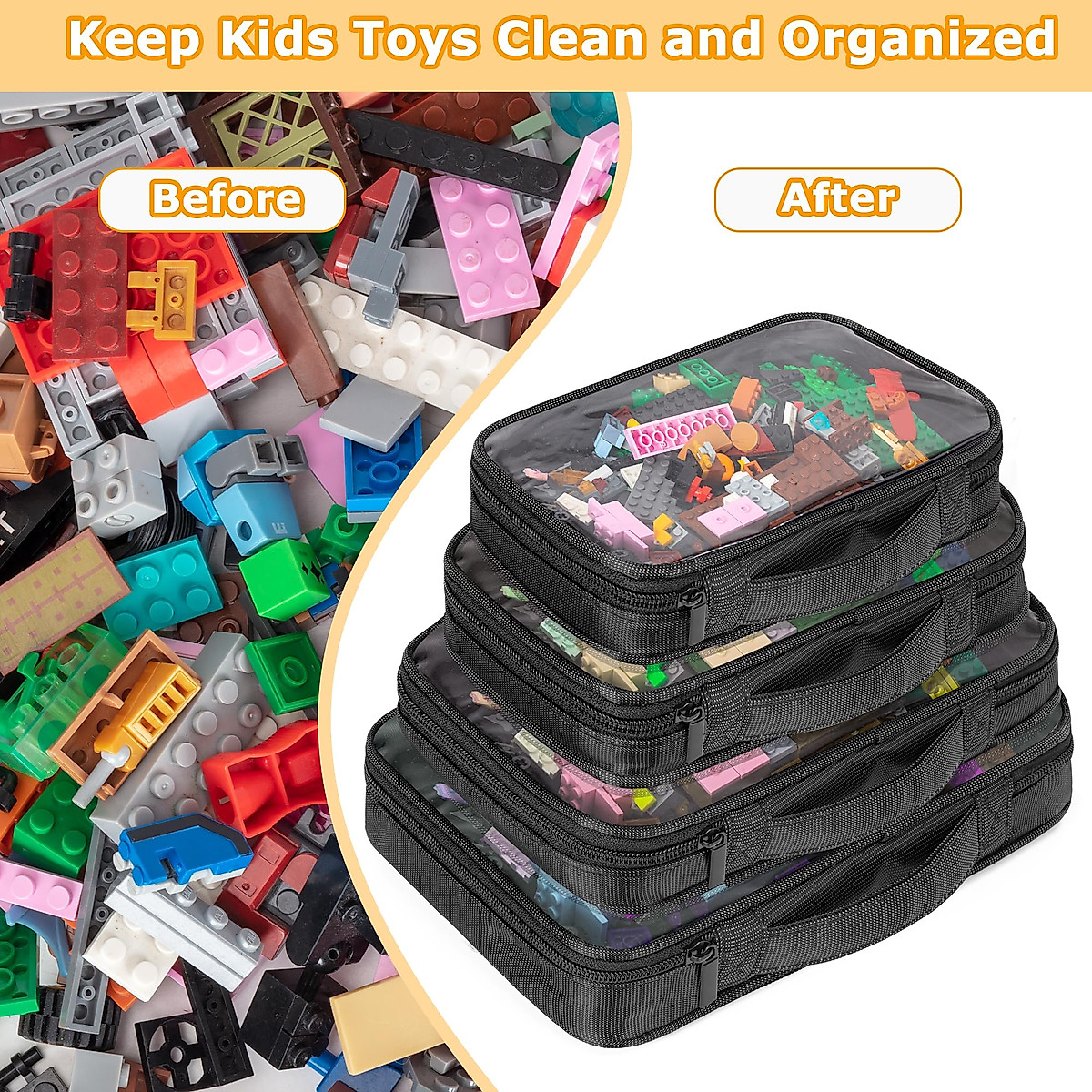 Damero 4 Packs Toy Carry Case, Toy Storage Bags with Zipper, Toy Building Blocks Board Games Storage Case, Clear Toy Organizer Bags for Travel, Playroom, Classroom, Home Organization, Black(Bag Only)