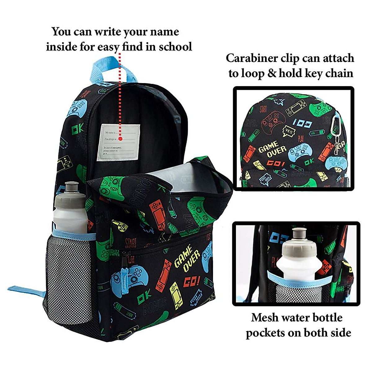 RALME Gaming Backpack Set for Kids, 16 inch, 6 Pieces - Includes Foldable Lunch Bag, Water Bottle, Key Chain, & Pencil Case