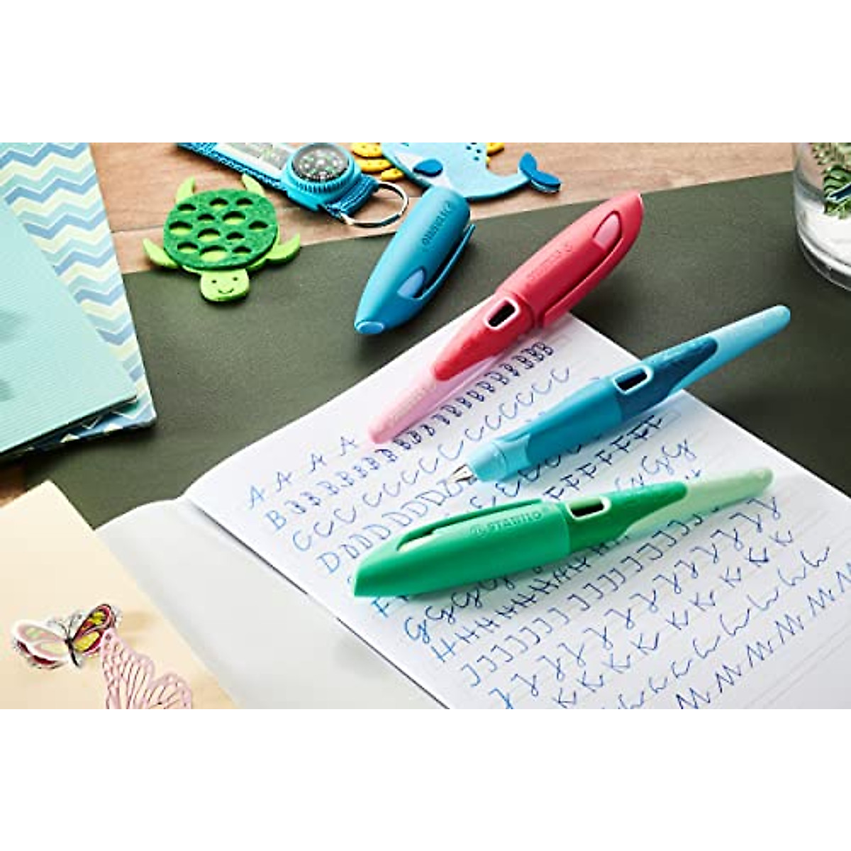 STABILO Ergonomic School Fountain Pen EASYbirdy 3D Wildfile Special Edition - Nib M - Right-Handed - Cartridge Included - Green