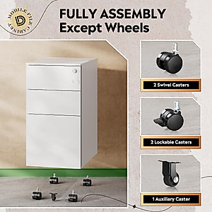 DEVAISE White File Cabinet, Small Filing Cabinet with 3 Drawers with Slim Width for Home Office, Rolling Under Desk Cabinet (11.8 inch)