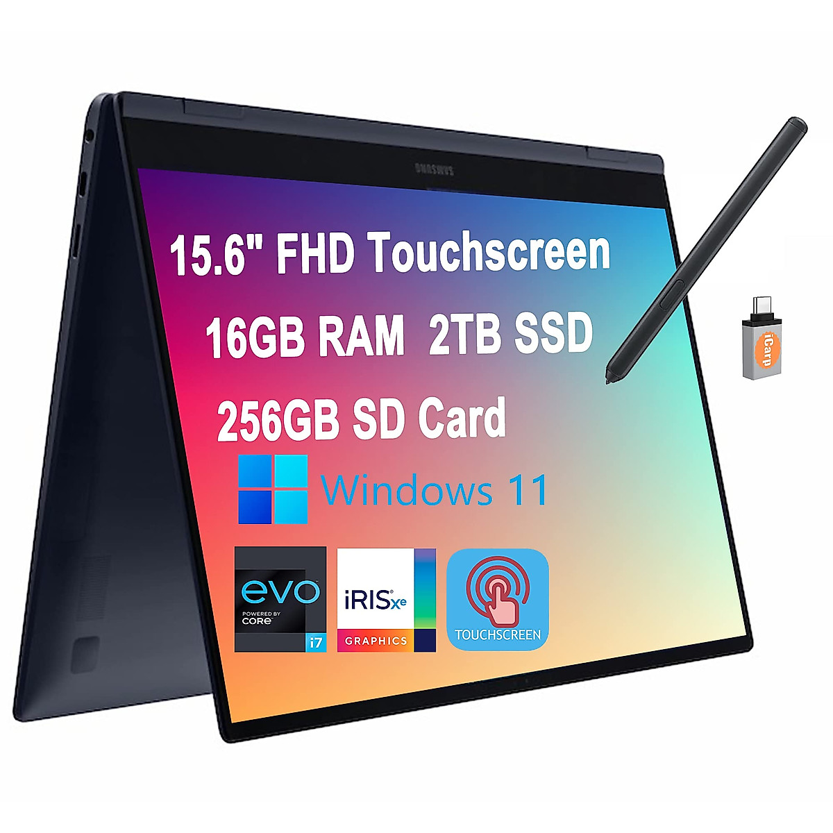 Samsung Galaxy Book Pro 360 2-in-1 Laptop 15.6" FHD AMOLED Touchscreen Intel Evo Platform Core i7-1165G7 16GB RAM 2TB SSD 256GB SD Card Backlit Fingerprint S Pen Thunderbolt 4 Win 11 (Renewed)