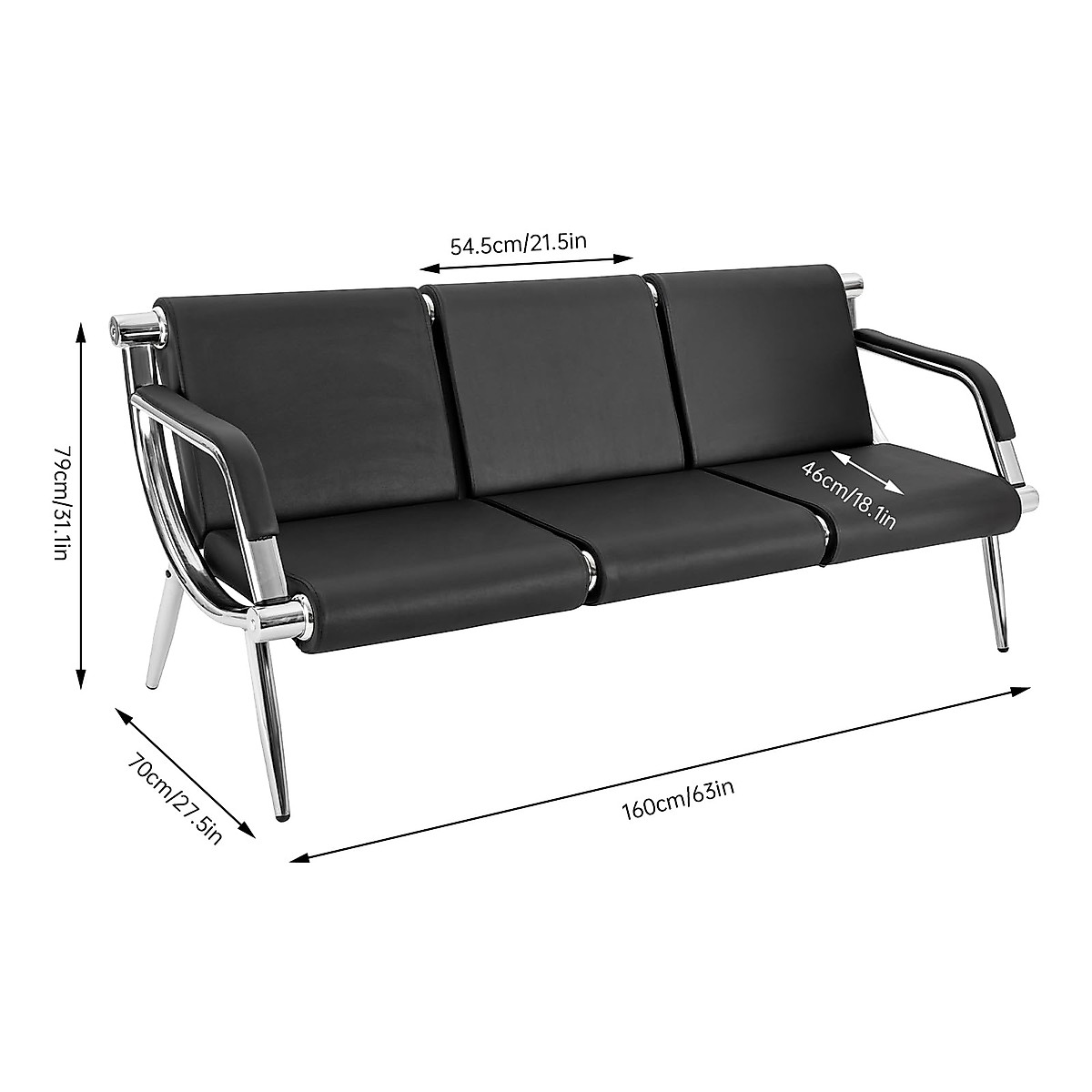 LOYALHEARTDY Waiting Room Chairs 3 Seat Reception Chair Black PU Leather Chair Office Furniture Guest Seating Lobby Conference Reception Chairs Visitor Guest Sofa (3-seat, Black)