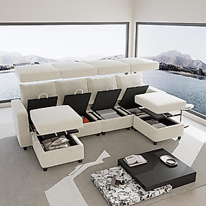 VINGLI 108" U-Shaped Storage Modular Sectional Sofa Sleeper in USB Built-in Charger, Convertible Couch Bed with High-Resilience Foam, 4 Deep Seaters Module/2 Ottomans(Chaises),Chenille/Cream White