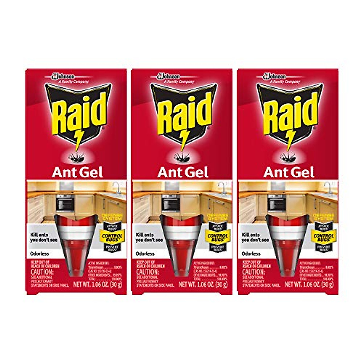 Raid Ant Gel, Kills Ants You Don't See, Continues Killing for up to 1 Month, Odorless Bug Control, 1.06 Ounce (Pack of 3)