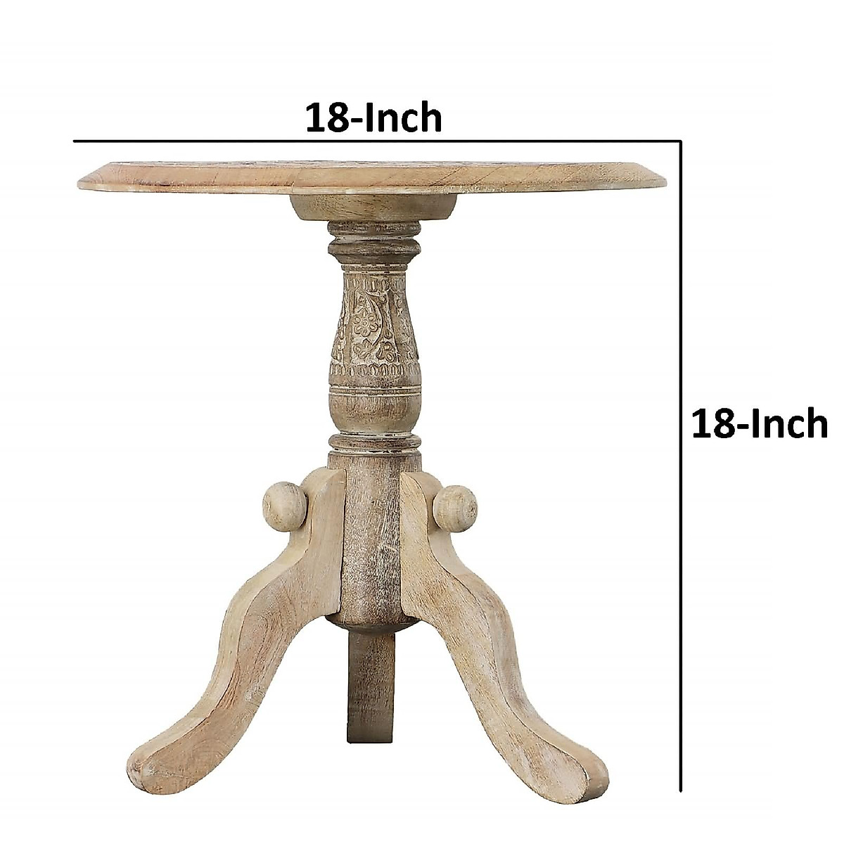 Homxi End Table 18" L x 18" W x 18" H,Intricately Carved Round Top Mango Wood Side End Table with Pedestal Base, Brown and White End Table for Living Room