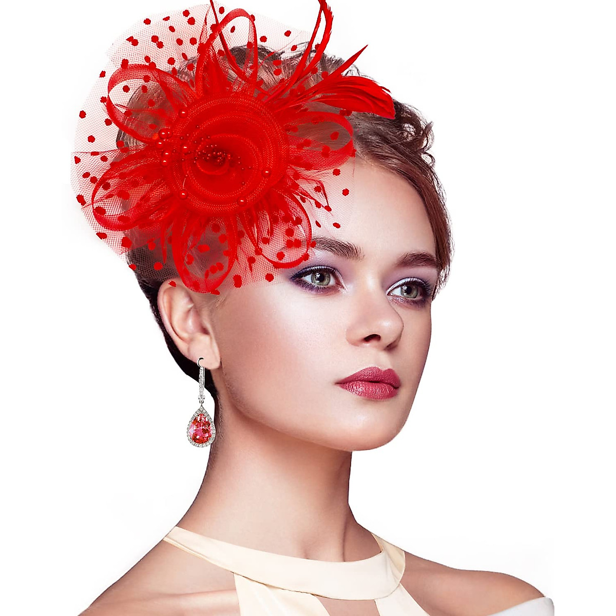 Fascinators for Women Kentucky Derby Hats,Tea Party Hat Headband Hair Clip for Wedding Cocktail Red