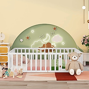 Harper & Bright Designs Queen Floor Bed for Kids, Montessori Bed Frame with Guardrails and Door, Wooden Floor Queen Bed for Kids, Boys Girls(Queen Size, White)