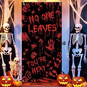 Halloween Front Door Cover,Bloody Halloween Decorations Scary Door Cover No One Leaves Spooky Door Cover Handprints Backdrop for Halloween Door Decorations Outdoor Garage Halloween Cover
