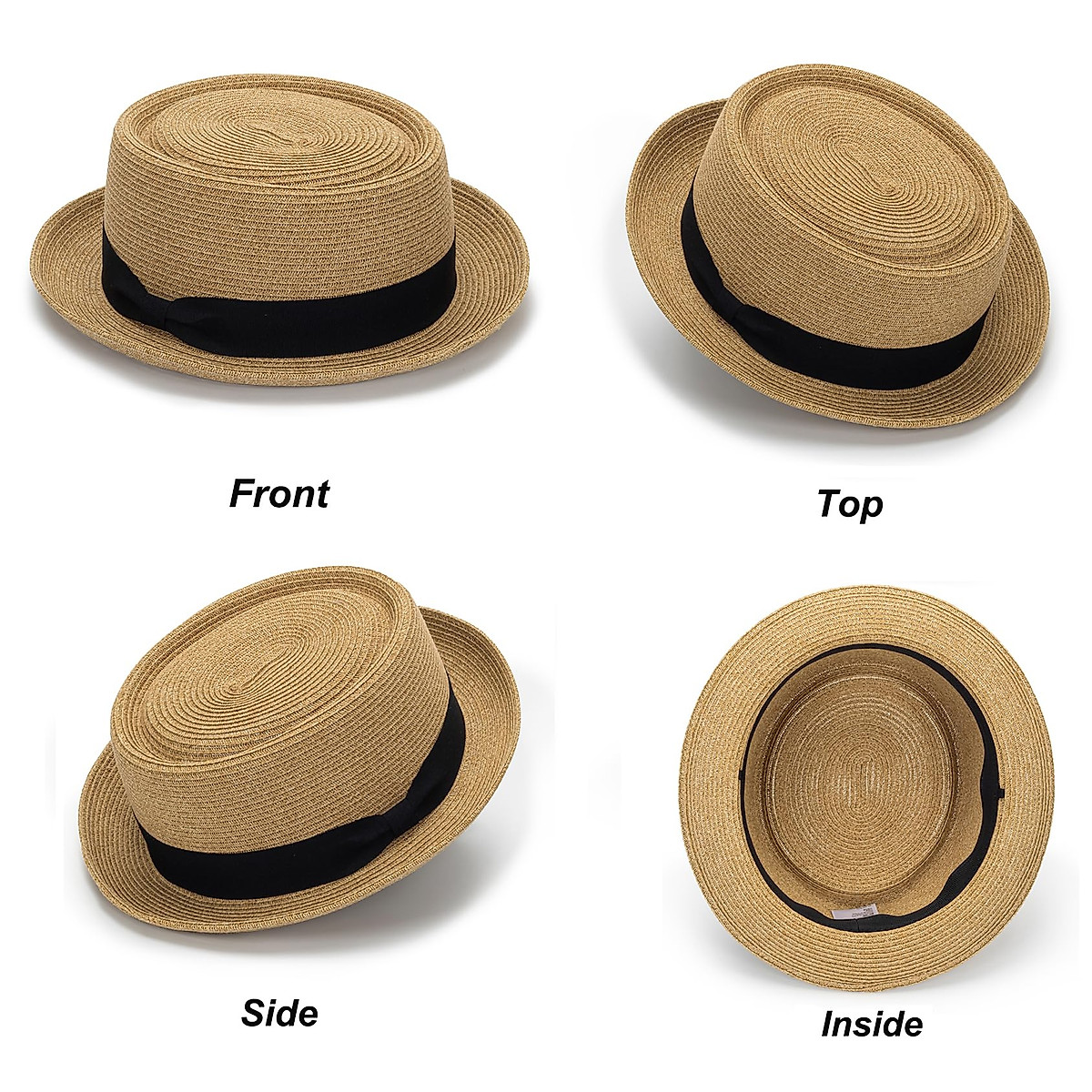 Men/Women Summer Straw Pork Pie Hat Boater Derby Fedora Sun Hats with Bowknot(S/M)