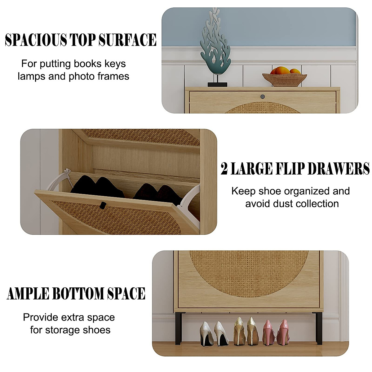 Yoluckea Rattan Shoe Storage Cabinet/Rack with 2 Flip Drawers for Entryway Modern Wooden Free Standing for Heels Slippers Hallway Bedroom Small Space(Natural)