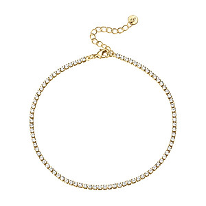 PAVOI 14K Gold Plated Charm Link Flat Gold Anklets for Women (Tennis, yellow gold plated)