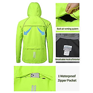 BERGRISAR Men's Cycling Rain Jacket Waterproof Cycling Windbreaker Bike Bicycle Jacket Running Hood Rain Coat Green Size Large