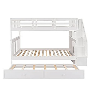 Full Over Full Bunk Bed with Trundle, Wood Full Bunk Bed with Storage Shelves, Full Over Full Bunk Bed Frame with Guardrails and Stairs for Kids Teens Adults, Can be Convertible into 2 Beds, White