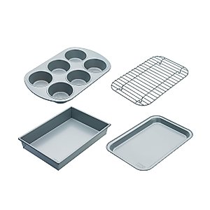 Chicago Metallic Professional Compact Baking Set with Non Stick Roasting Tin, Cupcake Tray, Baking Tray and Roasting Rack, Carbon Steel, 4 Pieces