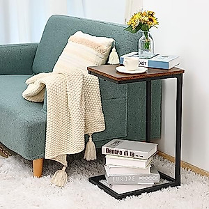 Fixwal C-Shaped End Table, Side Tables Couch Table, Side Table, Snack Table for Living Bedroom Coffee Snack Laptop, Rustic Brown, Couch Table