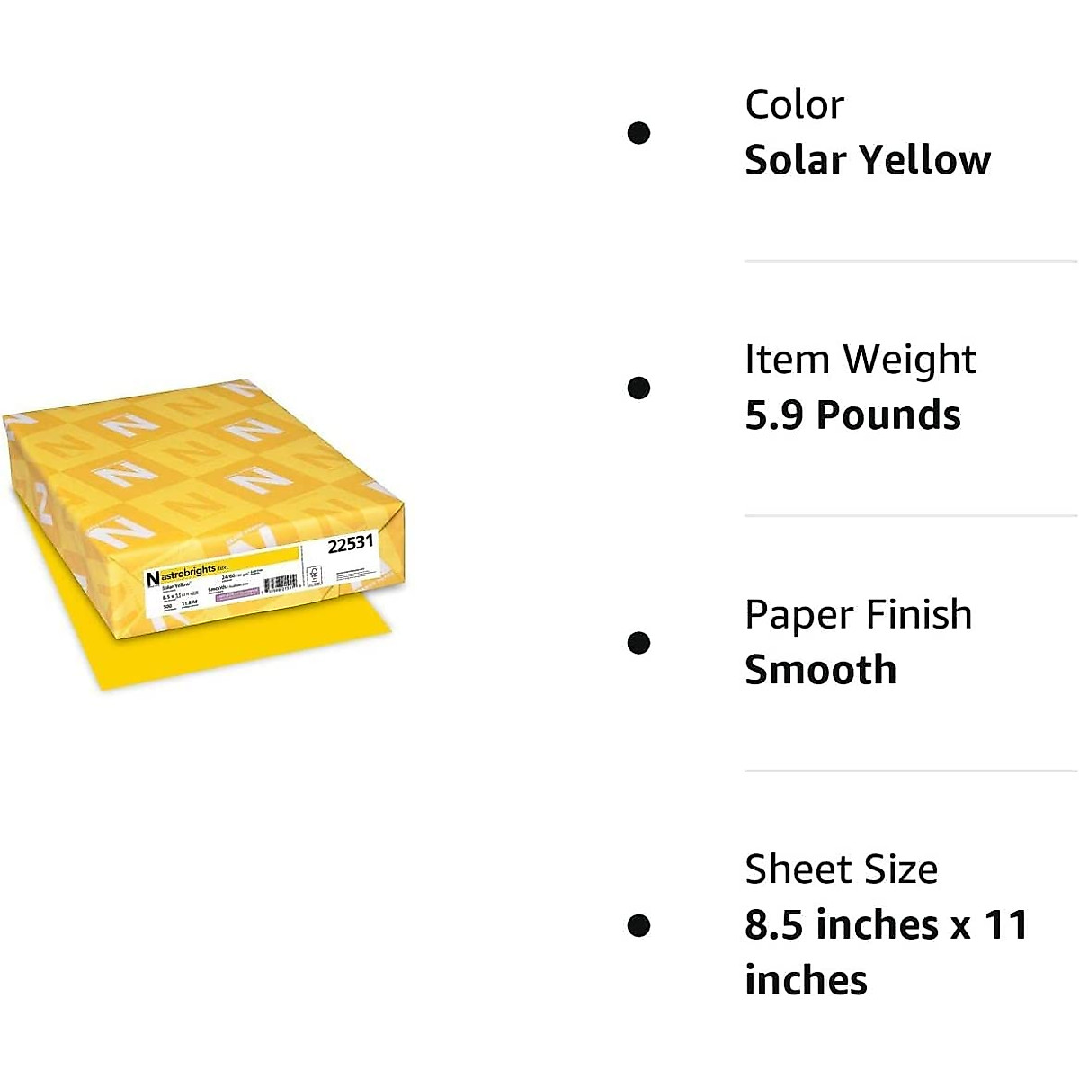 Neenah Wausau Paper 22531 Astrobrights Color Paper, 8.5” x 11”, 24 lb / 89 GSM, Solar Yellow, 500 Sheets