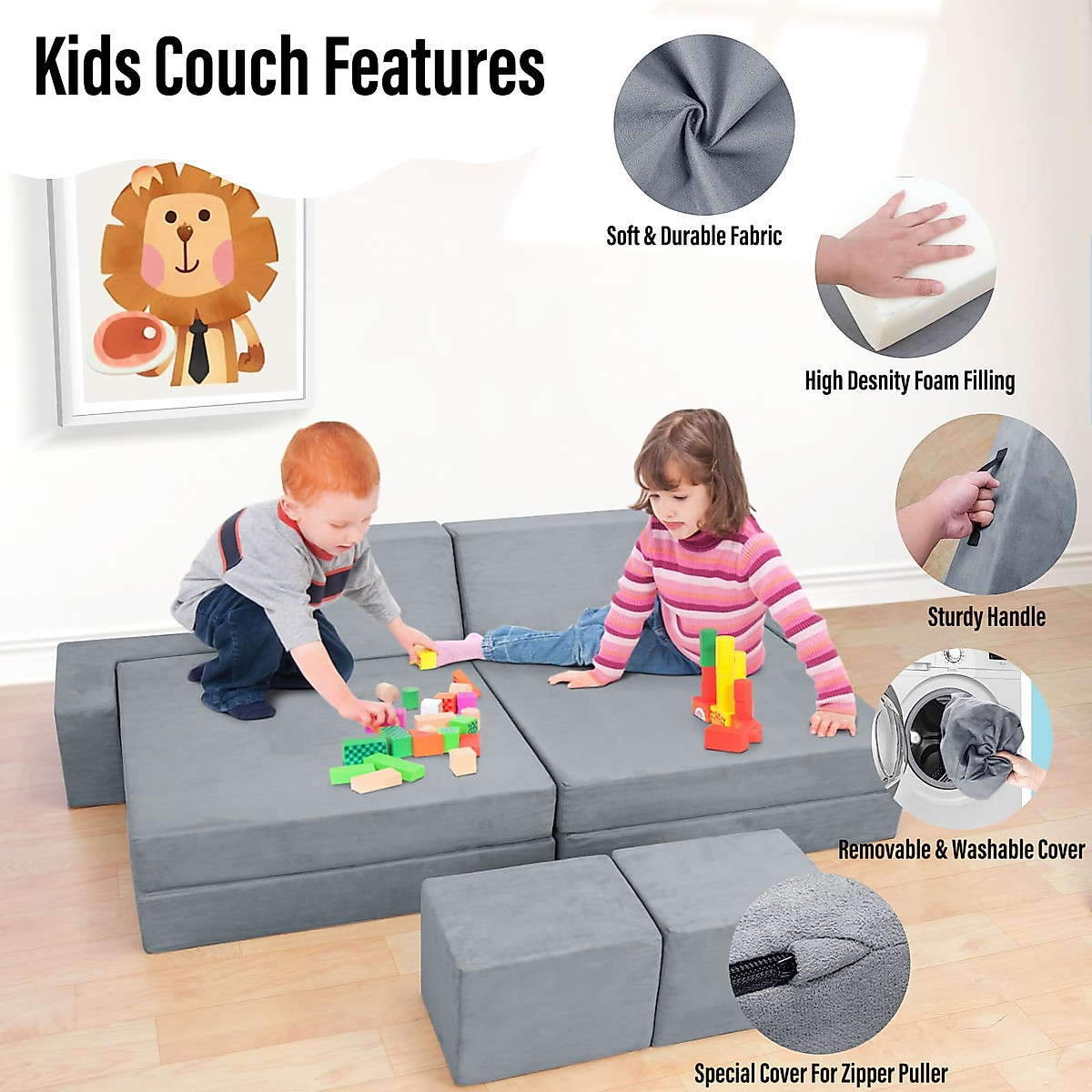 LEBENGURU Kids Play Couch, 16PCS Modular Toddler Foam Sofa for Playroom Bedroom, Child Sectional Sofa Furniture for Teens, Couch Gift for Imaginative Boys and Girls