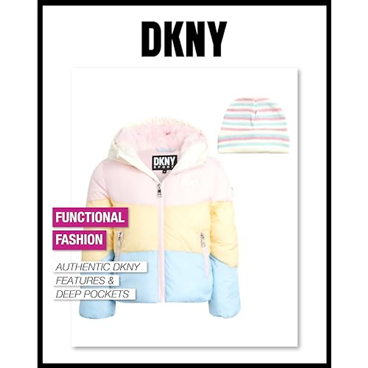 DKNY Infant Toddler Baby Girls' Winter Jacket - Fleece Lined Quilted Bubble Puffer Parka Coat for Girls (Sizes:12M-4T), Size 4, Cream/Pink/Yellow/Powder Black