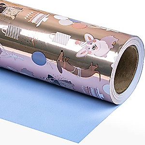 WRAPAHOLIC Reversible Birthday Wrapping Paper - Mini Roll - 17 Inch X 33 Feet - Adorable Dogs with Metallic Foil Shine and Solid Blue for Birthday, Party, Baby Shower