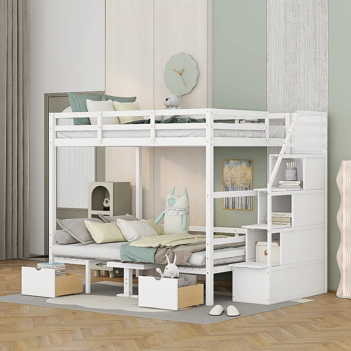 MERITLINE Full Loft Bed with Stairs and Desk, Wooden Full Loft Bed with Desk, Bunk Bed Full with Convertible Seats and Table Set Underneath for Kids Girls Boys Teens,White