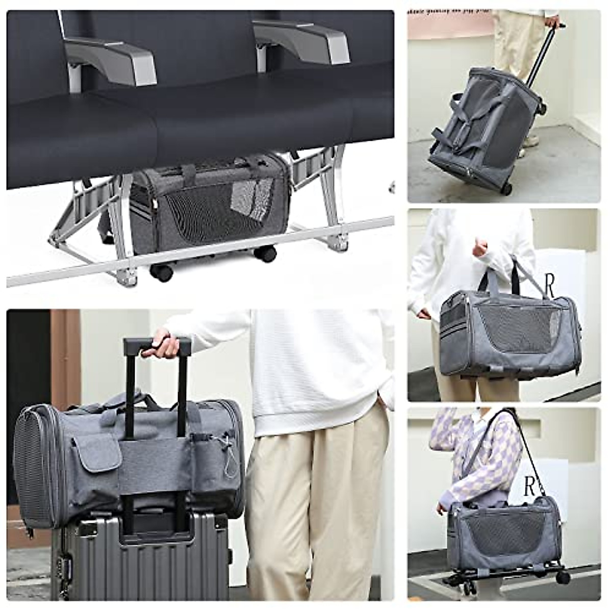 PROKEI Pet Carrier with Wheels for Cat Dog,Airline Approved Telescopic Handle Pet Travel Carrier Bag,Trolley Kennels Rolling for Small Medium Animals Kitten Puppy