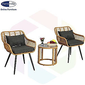 Furnivilla Patio Porch Furniture Sets 3 Pieces PE Rattan Wicker Chairs with Tempered Glass Table for Backyard Garden Porch (Beige/Black)
