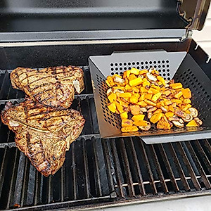 Kona Best Vegetable Grill Basket - Safe/Clean Porcelain Enameled BBQ Grilling Basket (Large 12x12x3 inches) for Veggies, Kabobs, Seafood, Meats