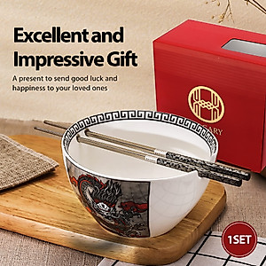 Hagary Dragon Ramen Bowl with Chopsticks Ceramic Bowl Stainless Steel Chopsticks Japanese Style Udon Miso Noodle Soup Bowls Housewarming Wedding Gifts Designed in Korea (Black, 20oz)